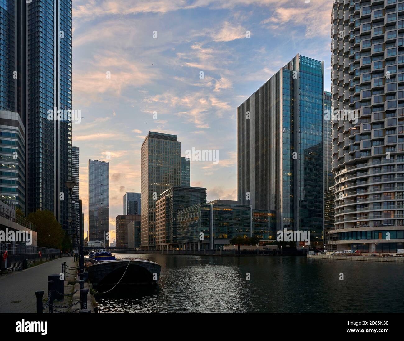 Office buildings and residential towers at dusk, Canary Wharf, Docklands, East end of London, UK ...