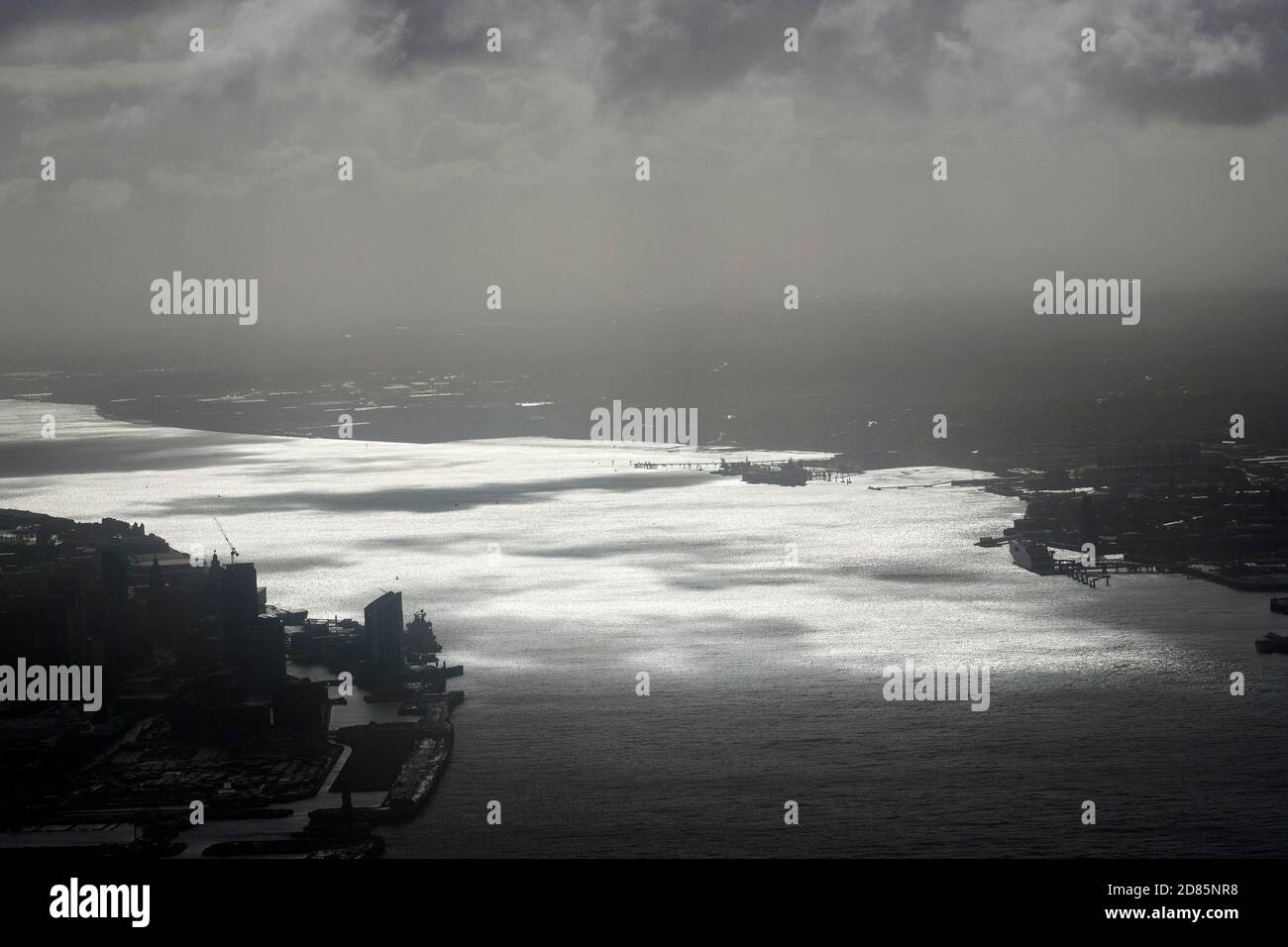 An aerial view looking up river at Liverpool, Merseyside, North West ...