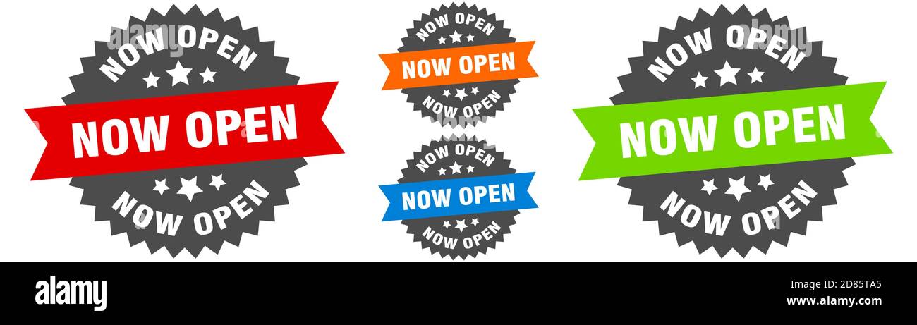 now open sign. round ribbon label set. Stamp Stock Vector Image & Art - Alamy