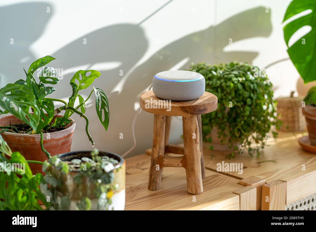 VIENNA,AUSTRIA - October 26 : A white Amazon Alexa Echo on a wooden ...