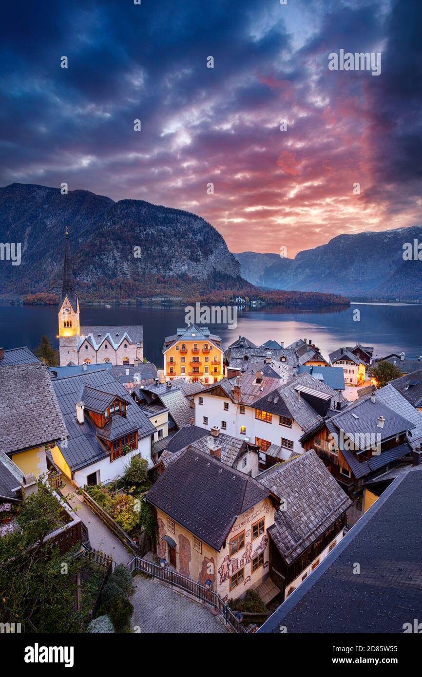 Hallstatt, Austria. Cityscape image of iconic alpine village Hallstatt ...