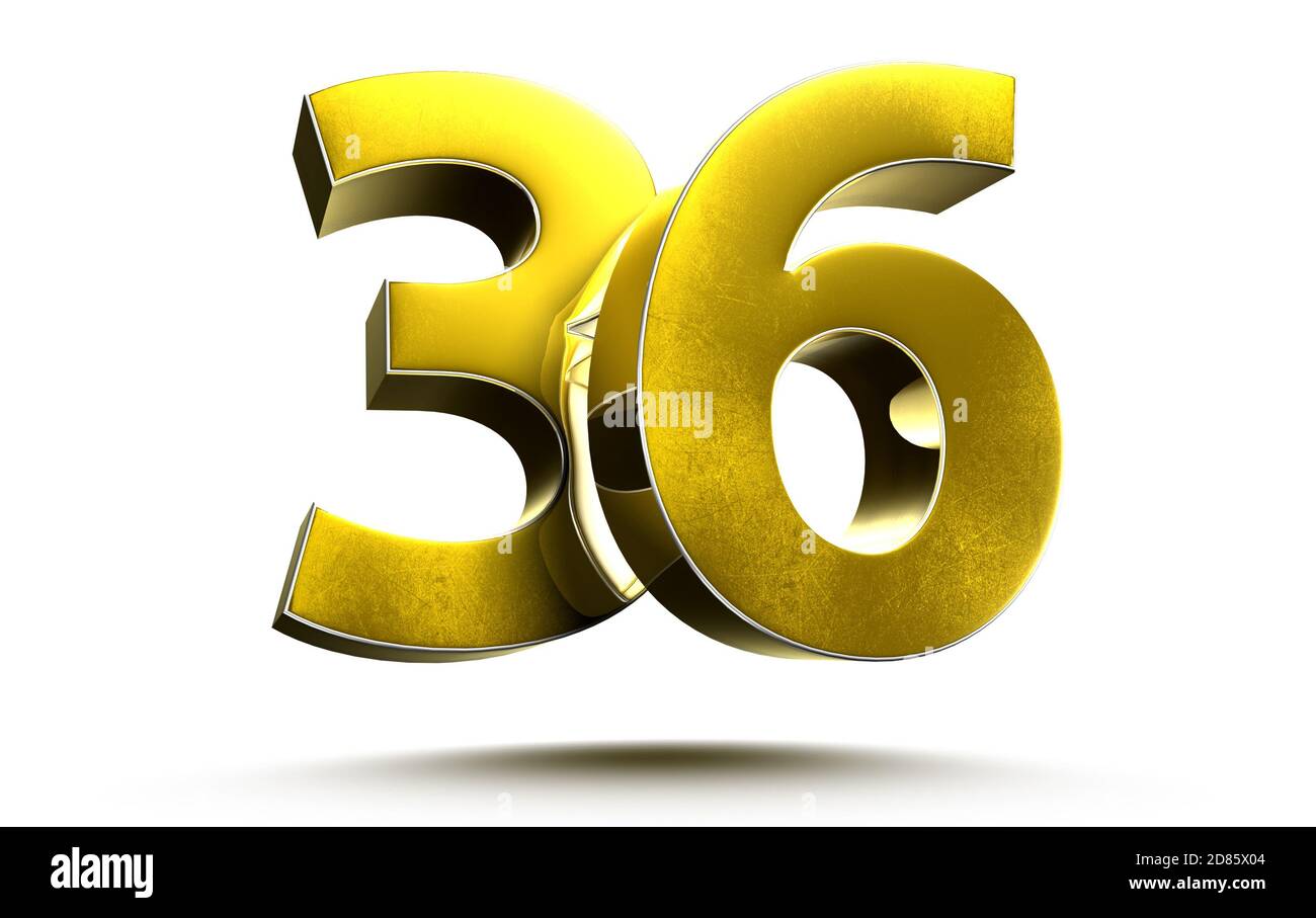 Gold numbers 36 isolated on white background illustration 3D rendering ...
