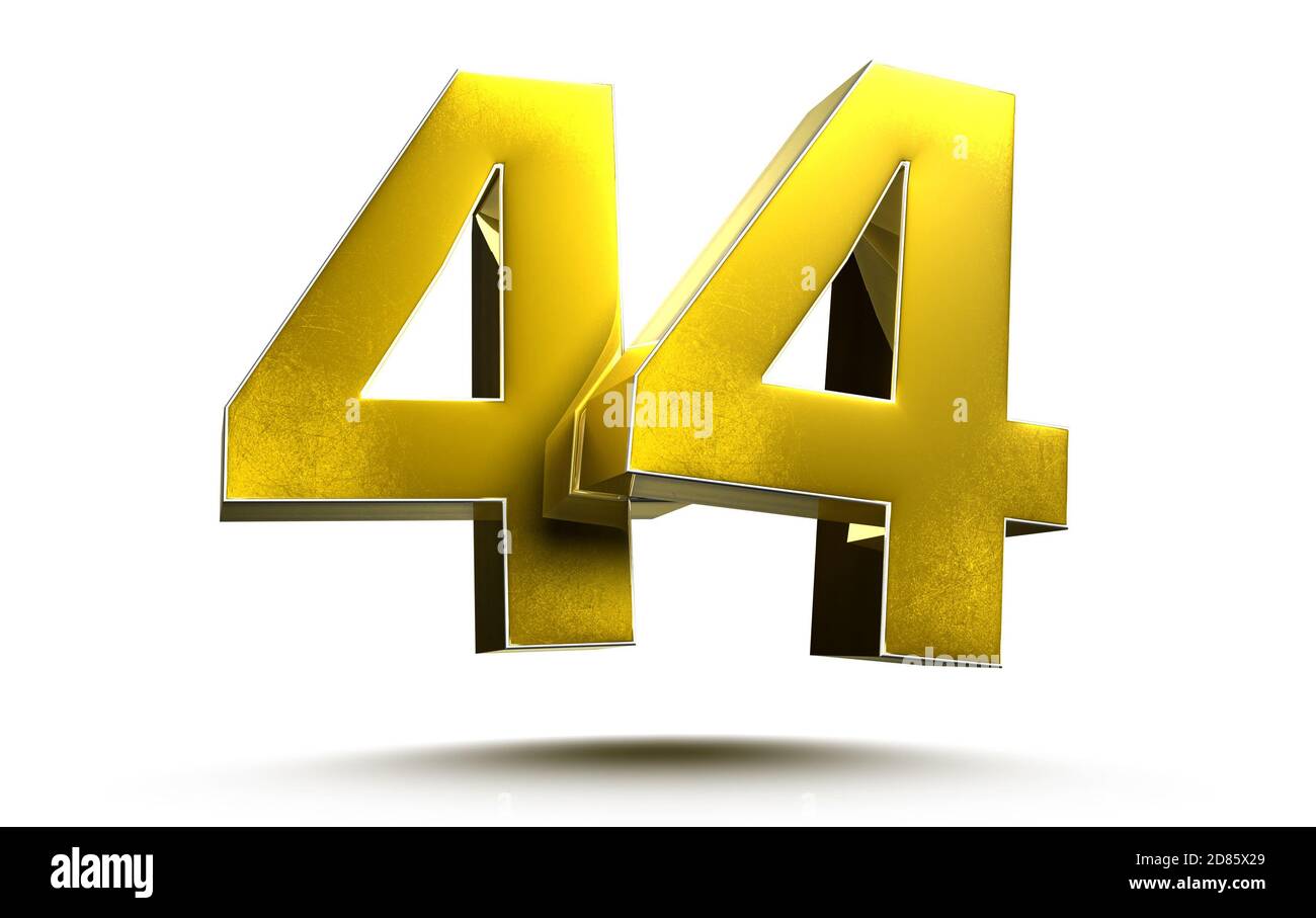 Gold numbers 44 isolated on white background illustration 3D rendering ...