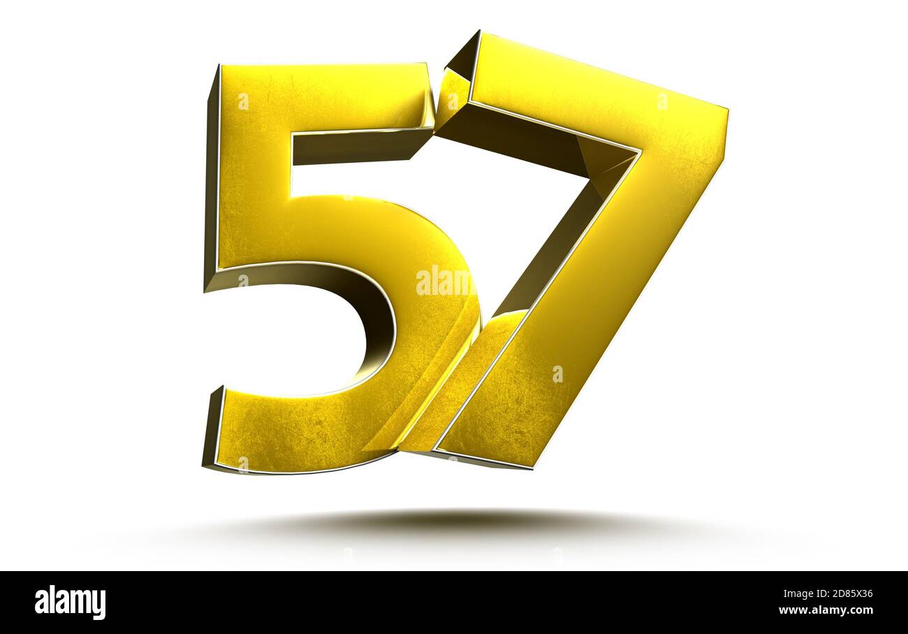 Gold numbers 57 isolated on white background illustration 3D rendering ...