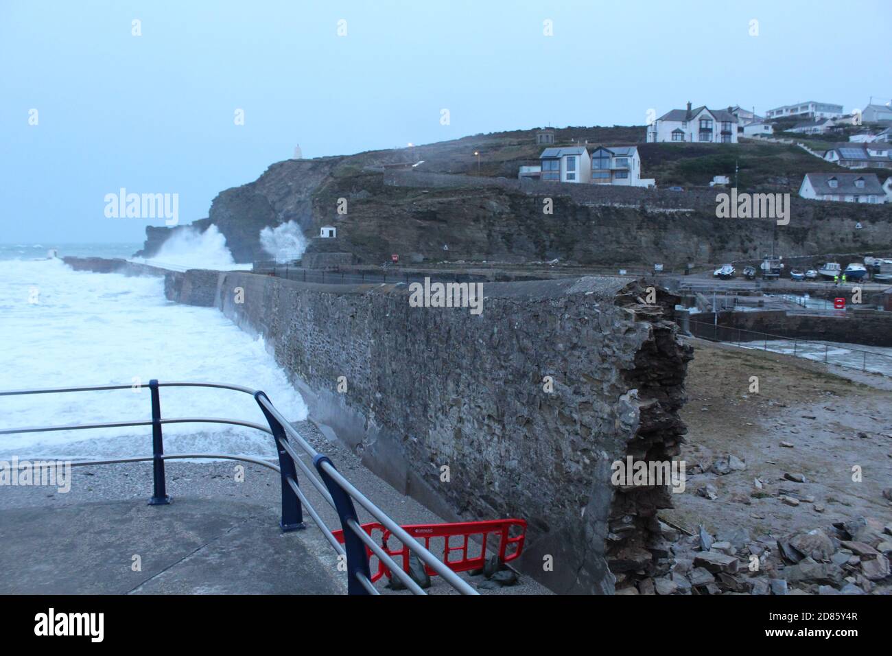 Storm Eleanor destroys part of the sea wall in Porteath (2018) during ...