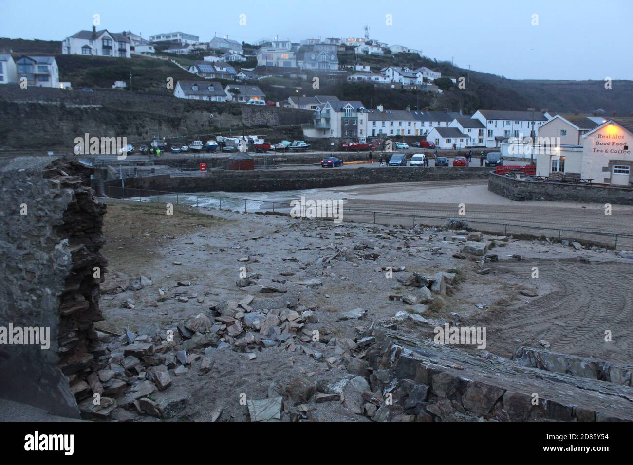 Storm Eleanor destroys part of the sea wall in Porteath (2018) during ...
