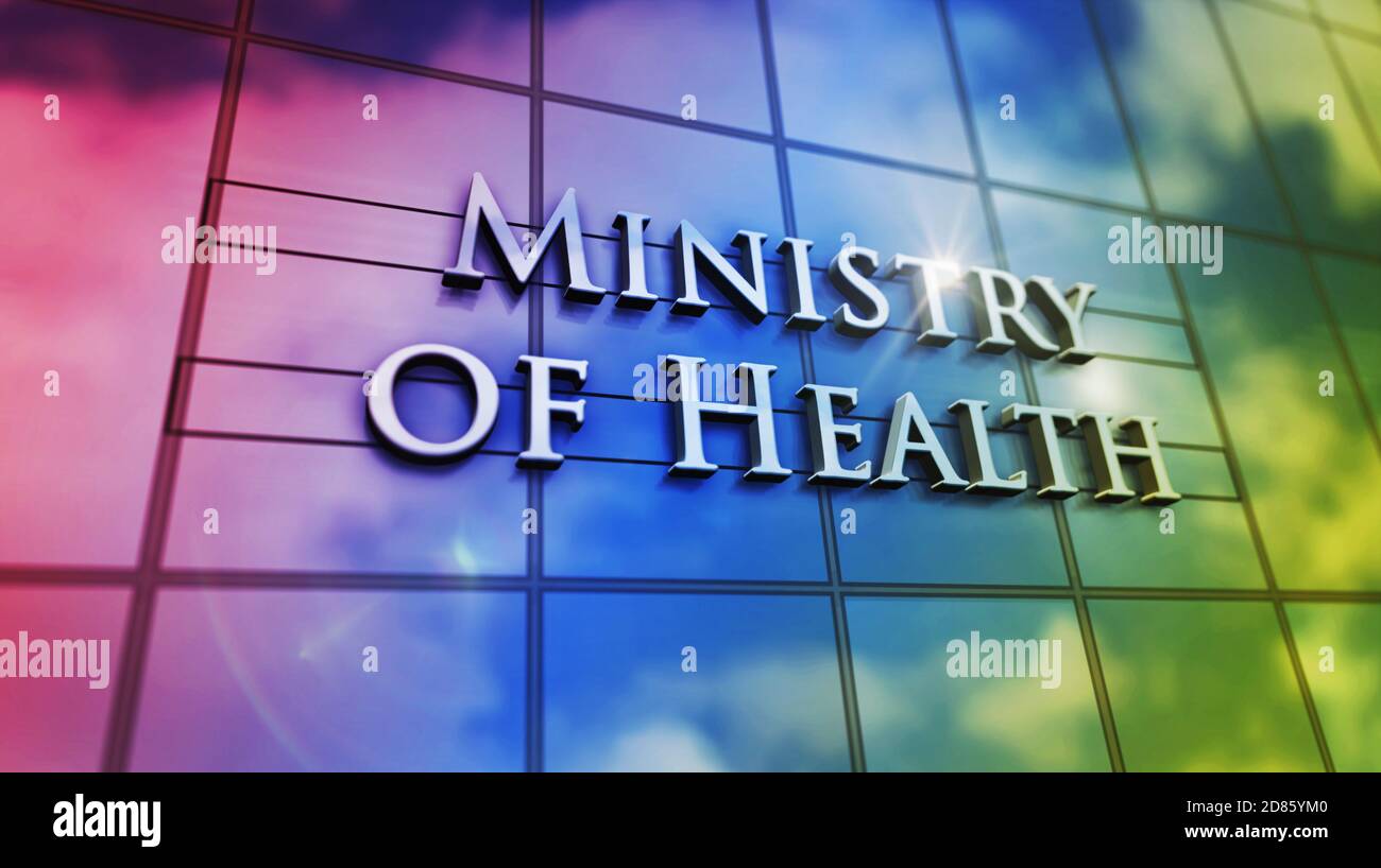 Ministry of Health on glass building. Mirrored sky and city modern ...
