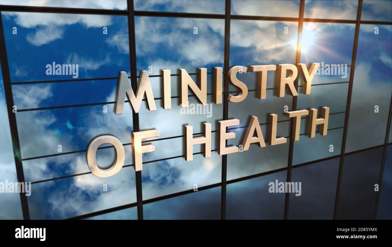 Ministry of Health on glass building. Mirrored sky and city modern ...
