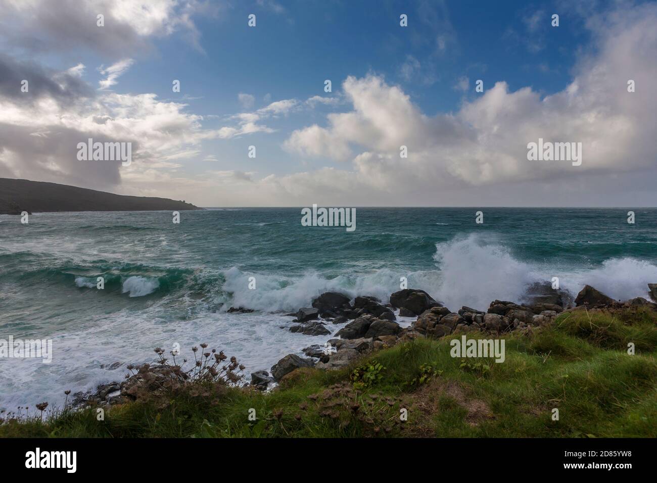 Rough seas on St Ives Head, aka The Island, St. Ives, Cornwall, UK ...