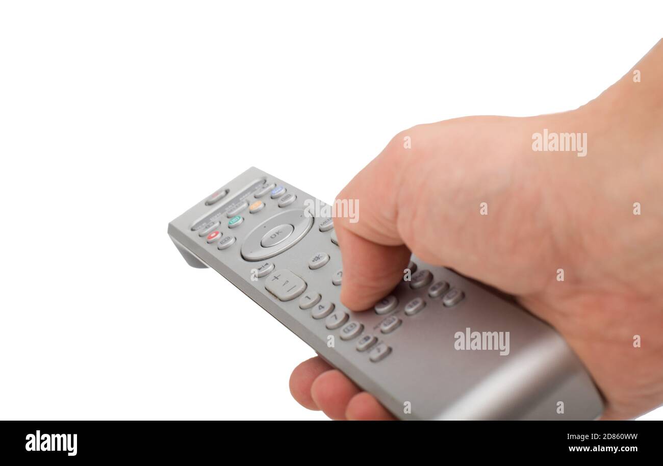Hand pressing silver remote control isolated on white background Stock ...