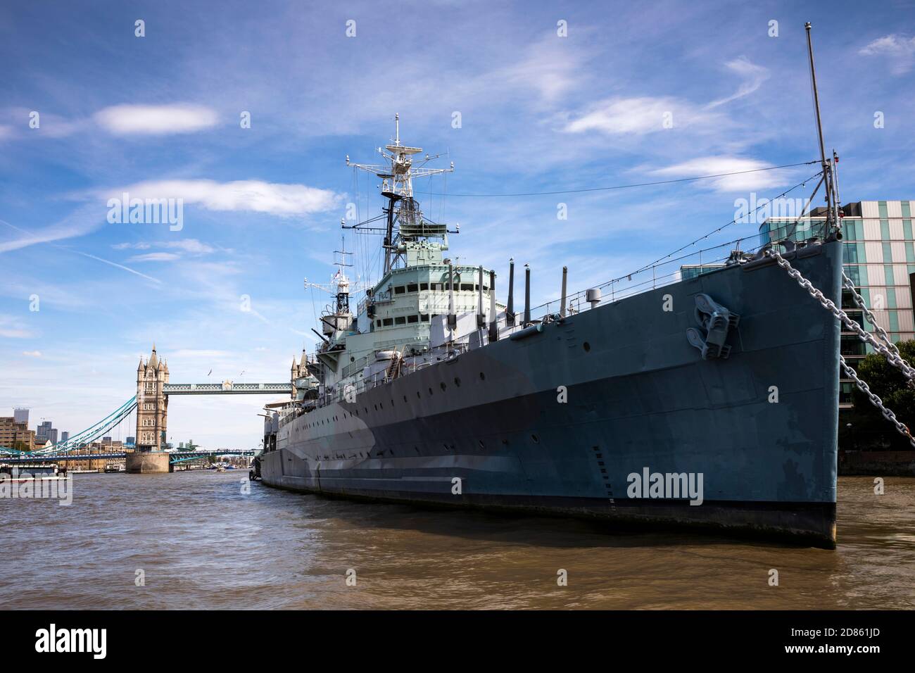 UK, London, River Thames, HMS Belfast, WW2 warship moored near Tower ...