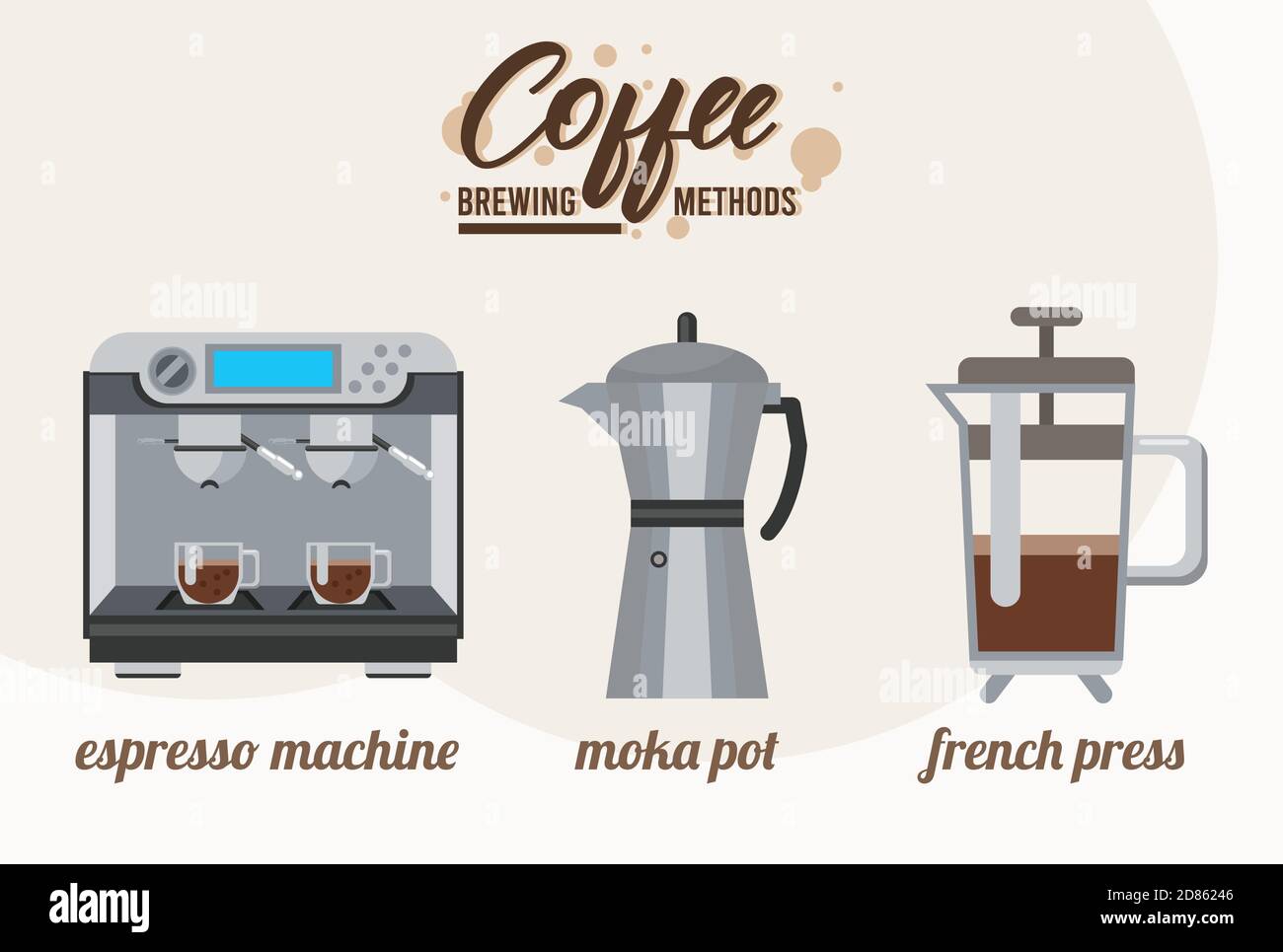three coffee brewing methods bundle set icons vector illustration ...