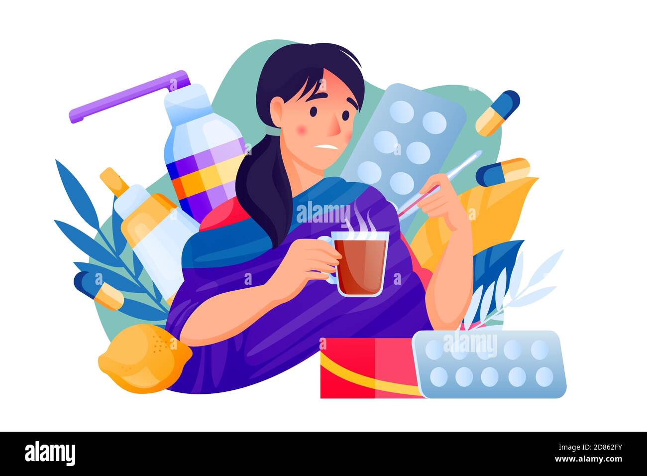 Flu sick young woman with pills and medicines. Female treats seasonal ...