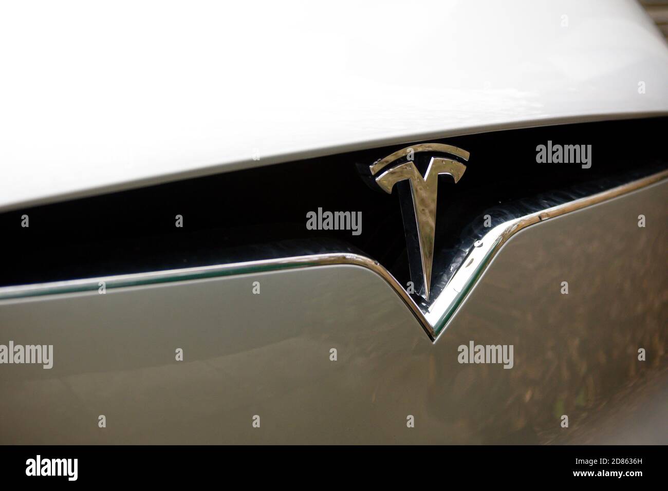 Reading, United Kingdom, 31th March 2018:- A Tesla logo on a Model S ...