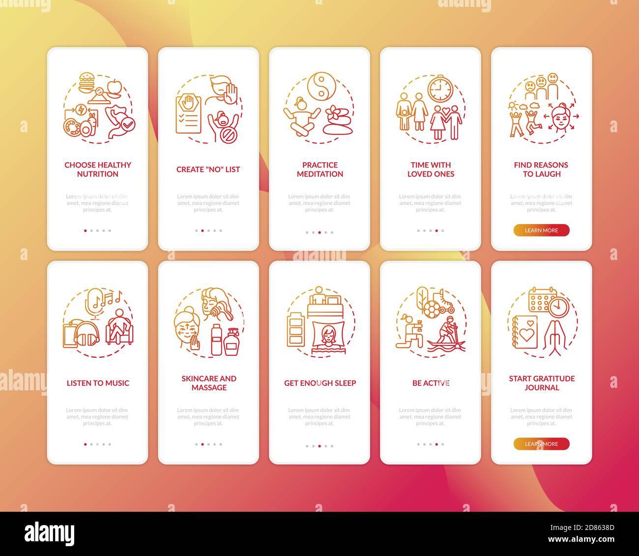 Self care onboarding mobile app page screen with concepts set Stock ... Self care onboarding mobile app page screen with concepts set Stock ...