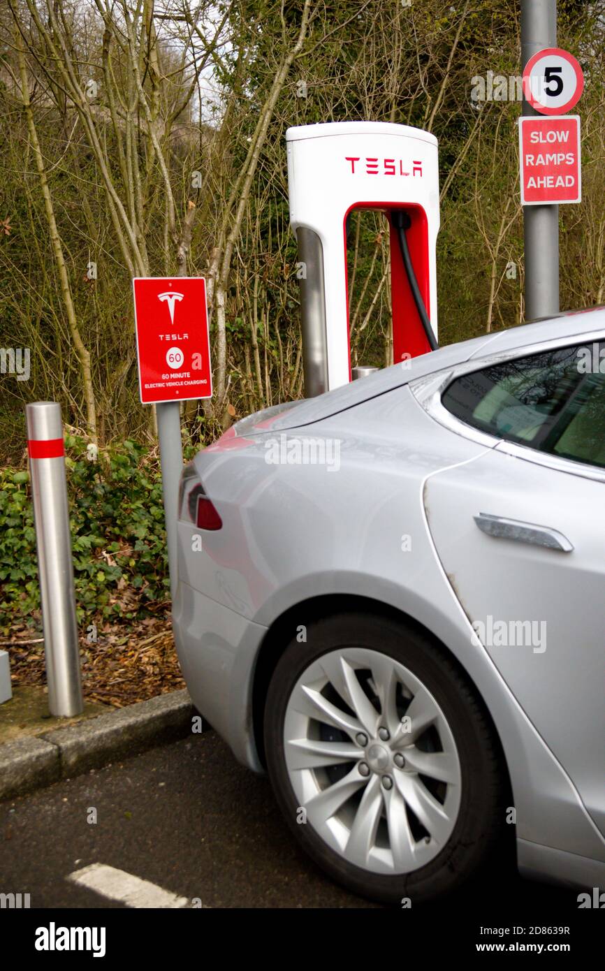 Reading, United Kingdom, 31th March 2018:- A Tesla Model S charges at ...