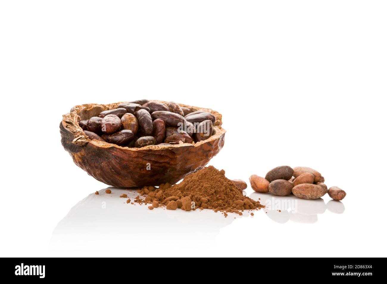 Cocoa powder, fresh roasted and unpeled beans isolated on white ...