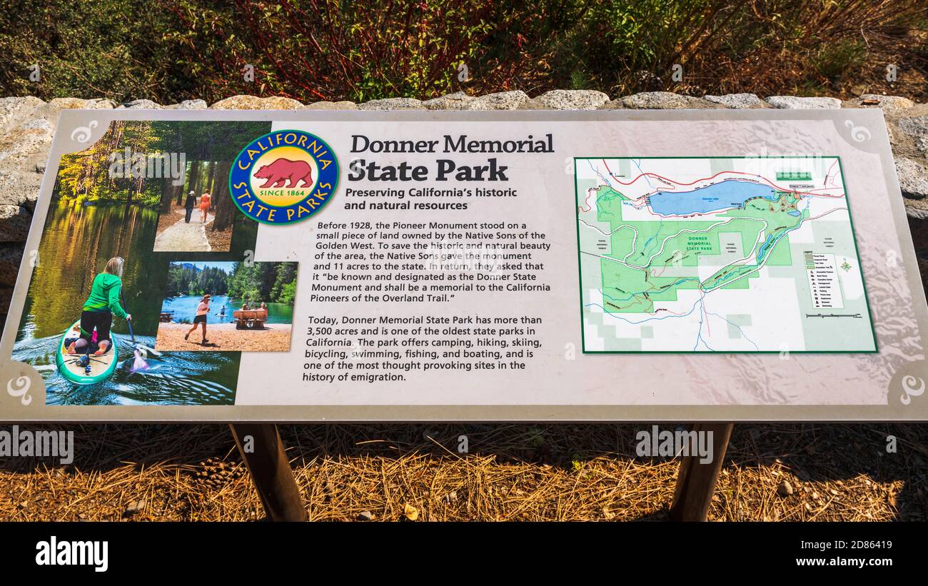 Interpretive sign at Donner Memorial State Park, Truckee, California ...