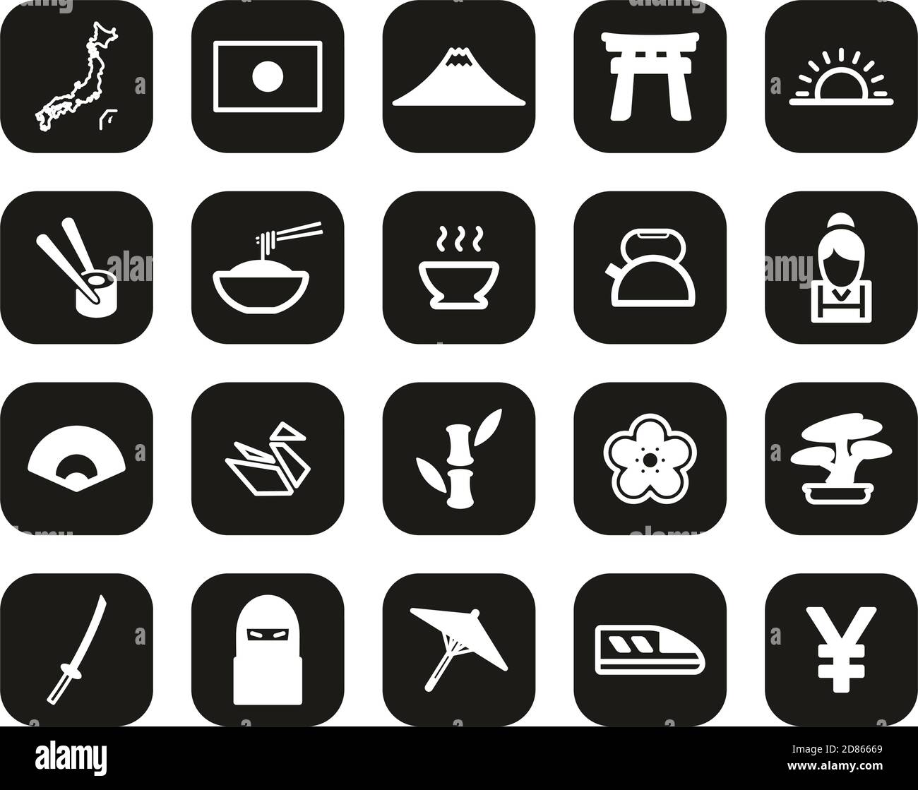Japan Country & Culture Icons White On Black Flat Design Set Big Stock ...