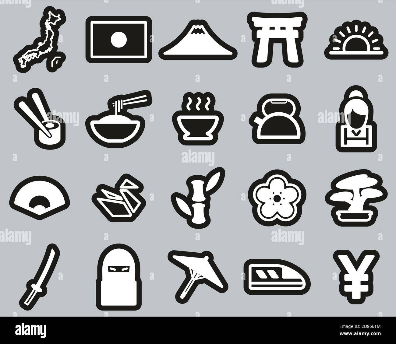 Japan Country & Culture Icons White On Black Sticker Set Big Stock ...