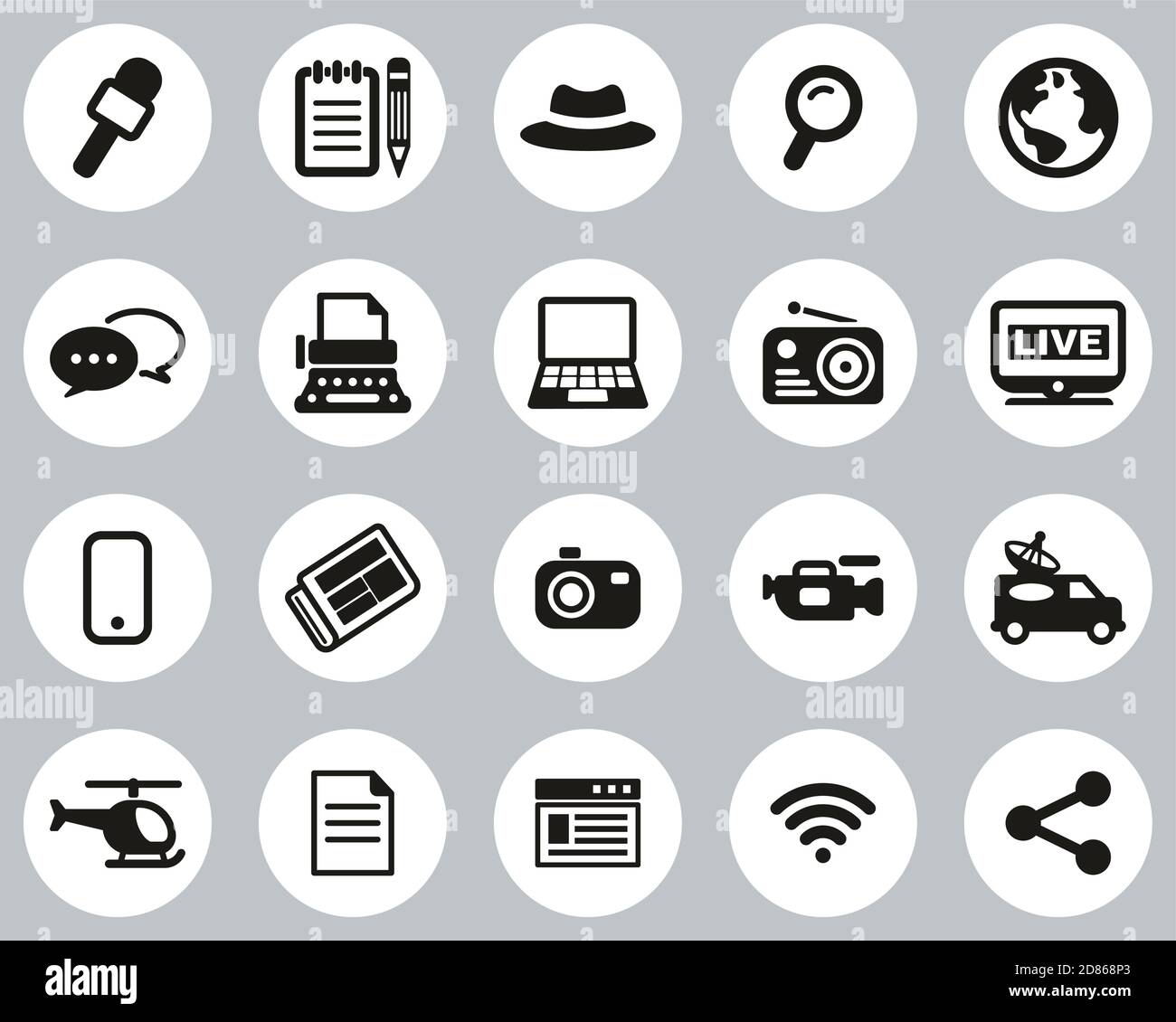 Journalist Or Reporter Icons Black & White Flat Design Circle Set Big ...