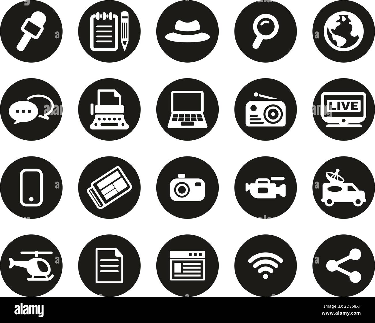 Journalist Or Reporter Icons White On Black Flat Design Circle Set Big ...