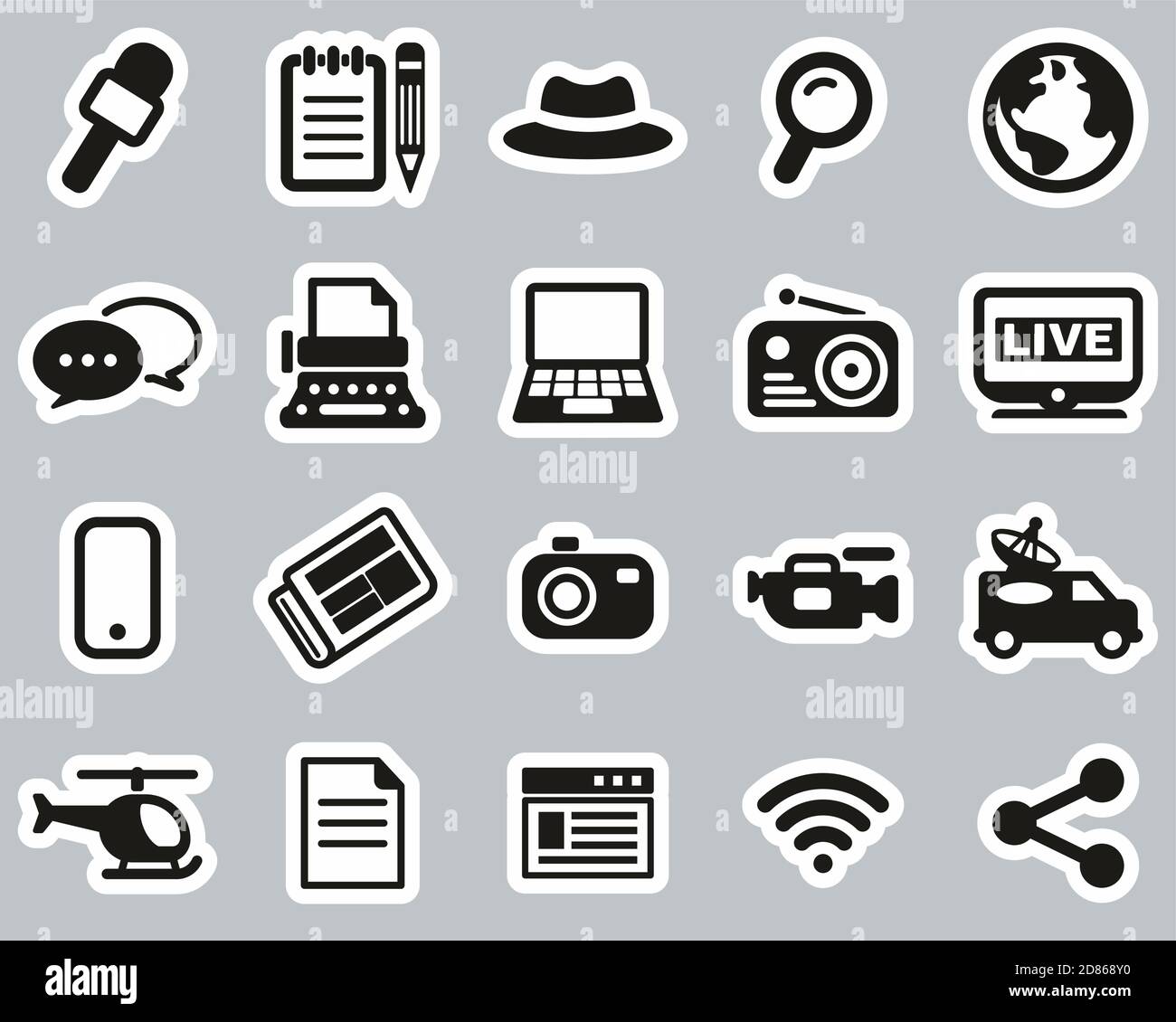 Journalist Or Reporter Icons Black & White Sticker Set Big Stock Vector ...