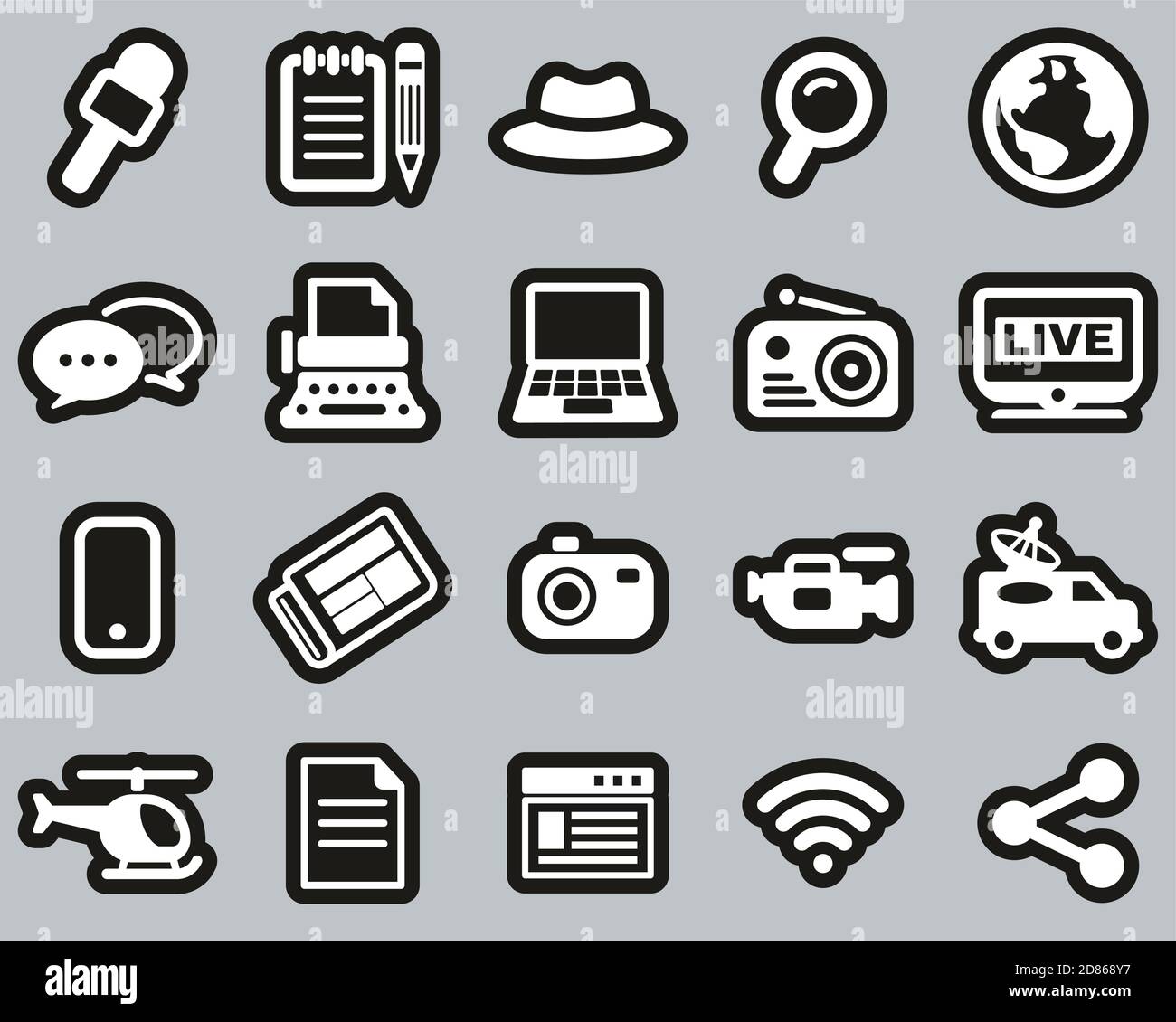 Journalist Or Reporter Icons White On Black Sticker Set Big Stock ...