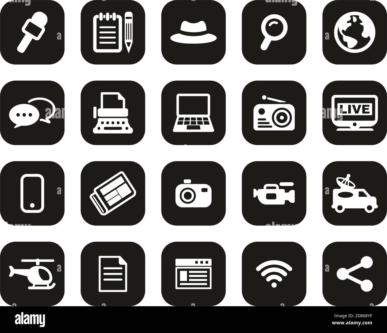 Journalist Or Reporter Icons White On Black Flat Design Set Big Stock ...