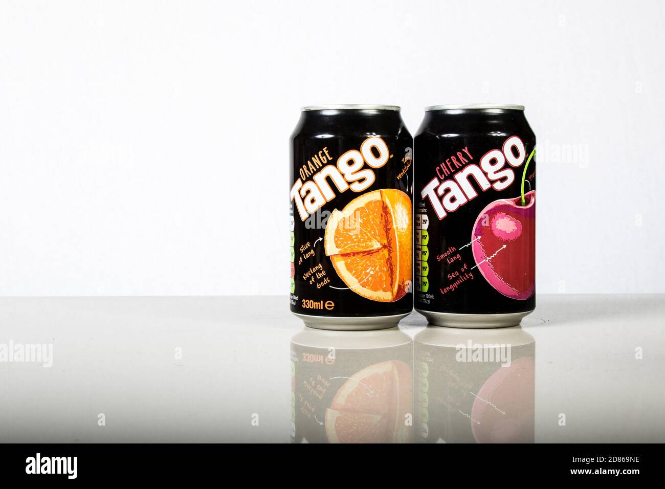 London, 24th October 2017:- Cans of Fanta against a white background ...