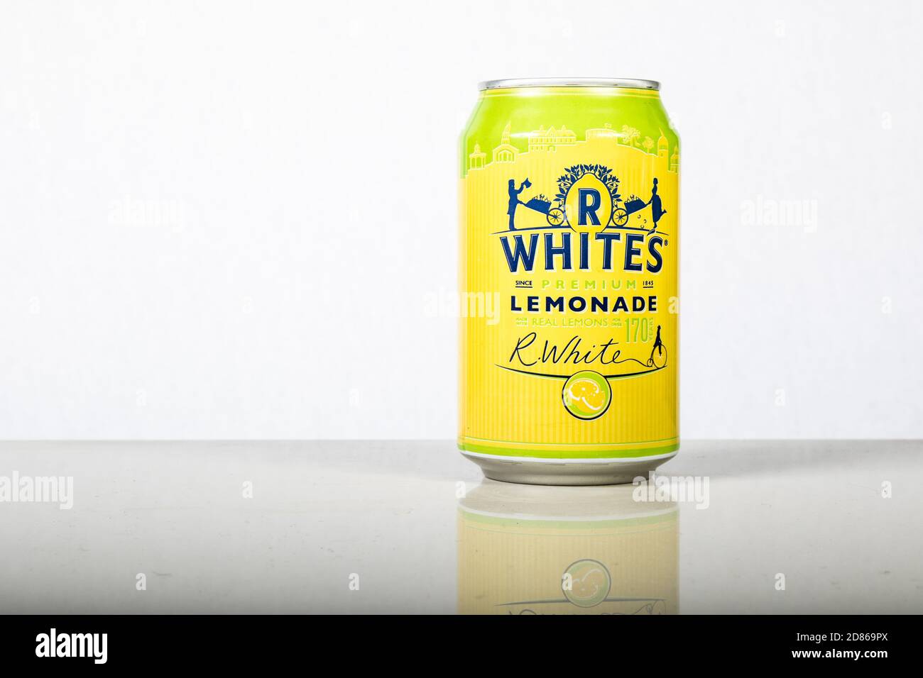 London, 24th October 2017:- A can of R Whites Lemonade against a white ...