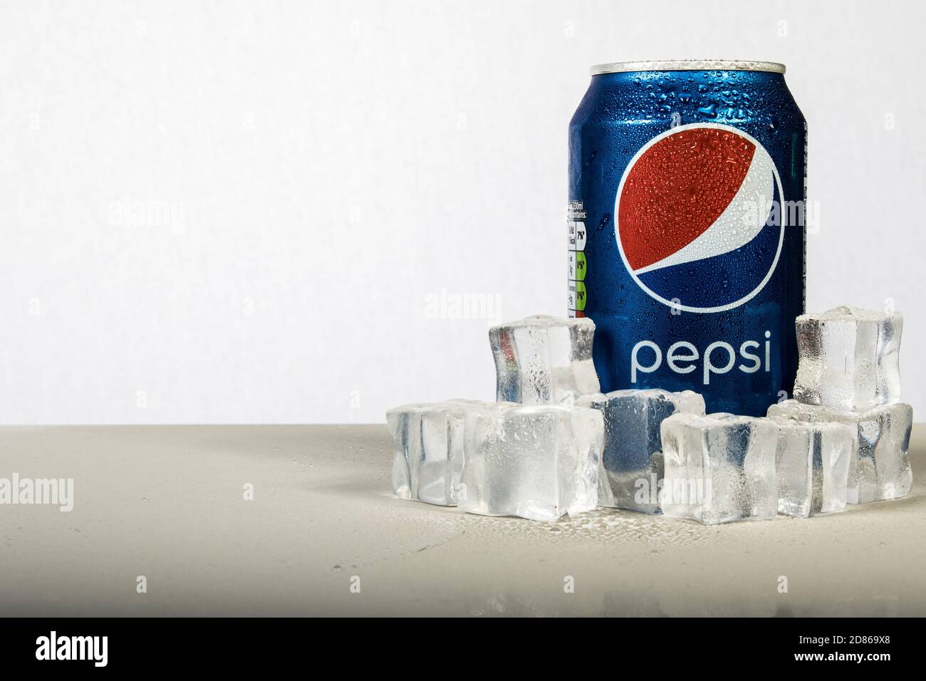 London, 24th October 2017:- A can of chilled Pepsi with ice against a ...