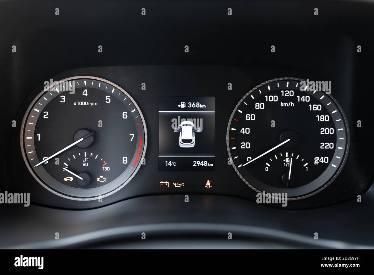 Interior view of a modern new car. Close up of instrument panel with ...