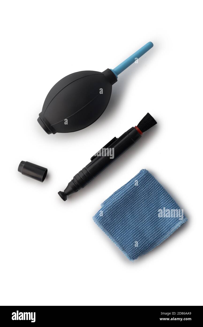 Lens cleaning kit isolated on white background Stock Photo - Alamy