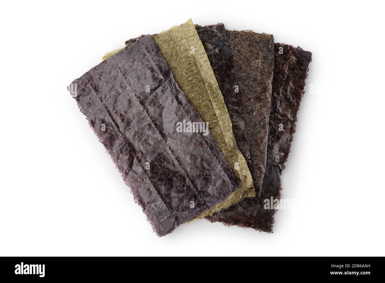 Nori seaweed leaves dry isolated on white background, set of different ...
