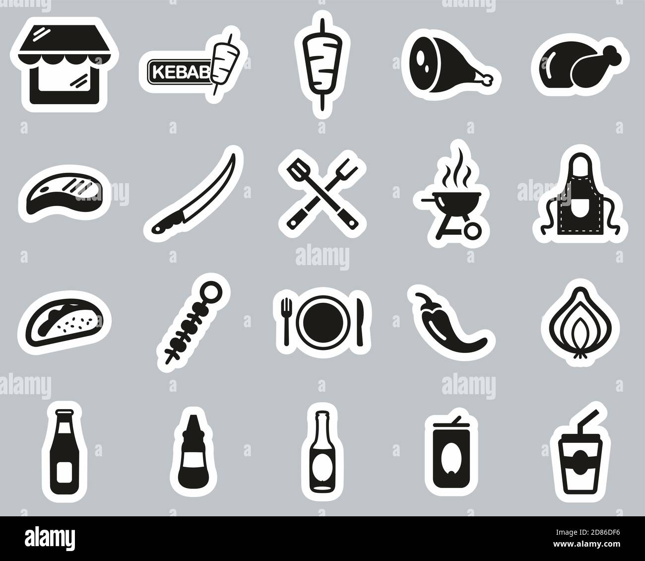 Kebab Or Kebab Shop Icons Black & White Sticker Set Big Stock Vector ...