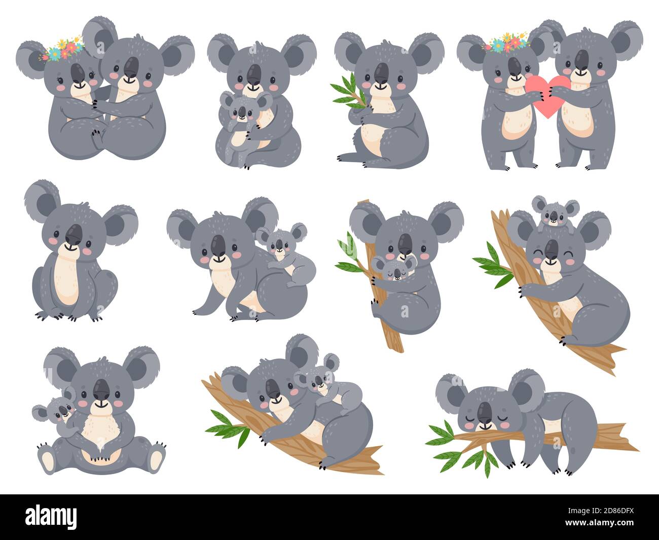 Cute koala and baby. Cartoon little koalas with moms. Australian bear loving couple hug. Baby ...