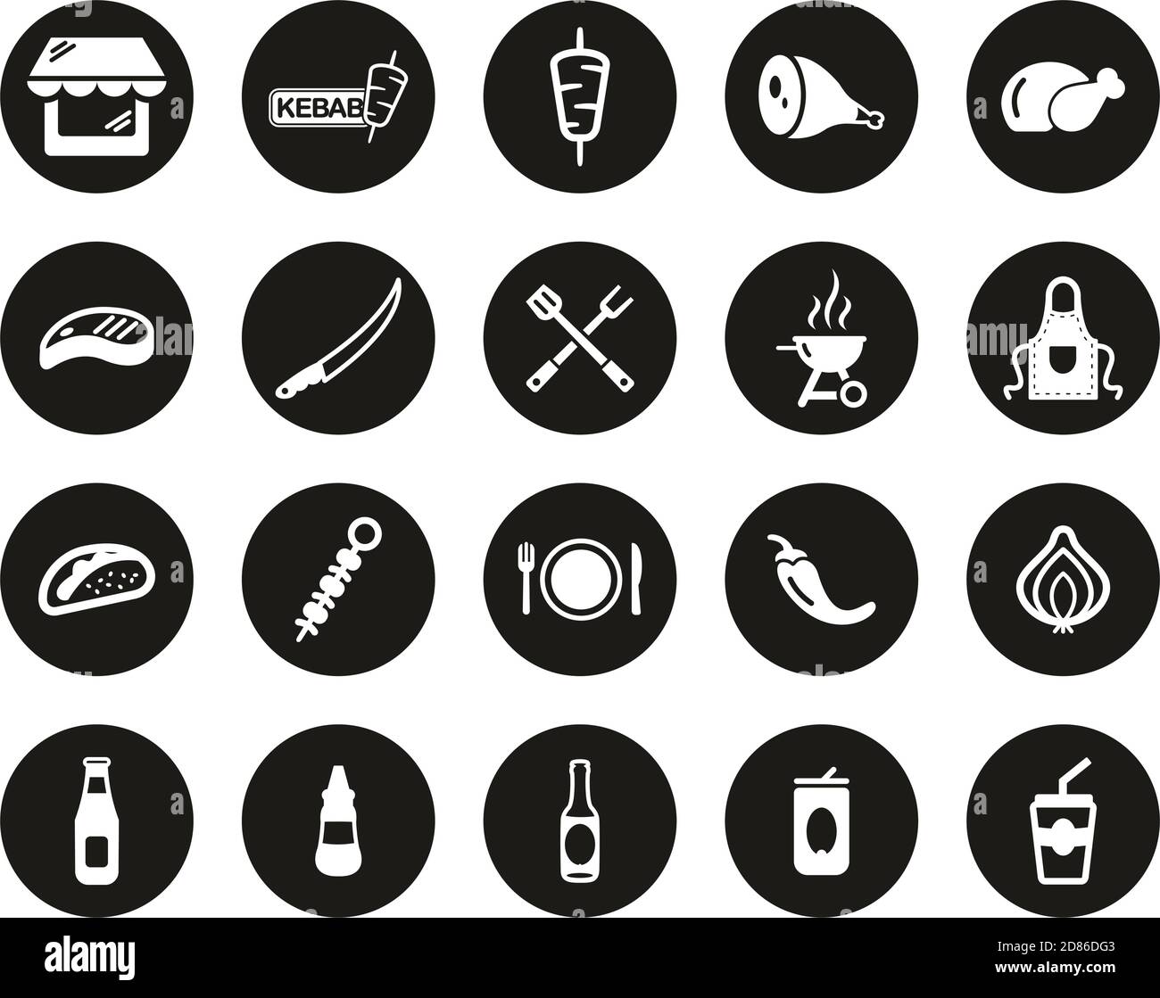 Kebab Or Kebab Shop Icons White On Black Flat Design Circle Set Big ...