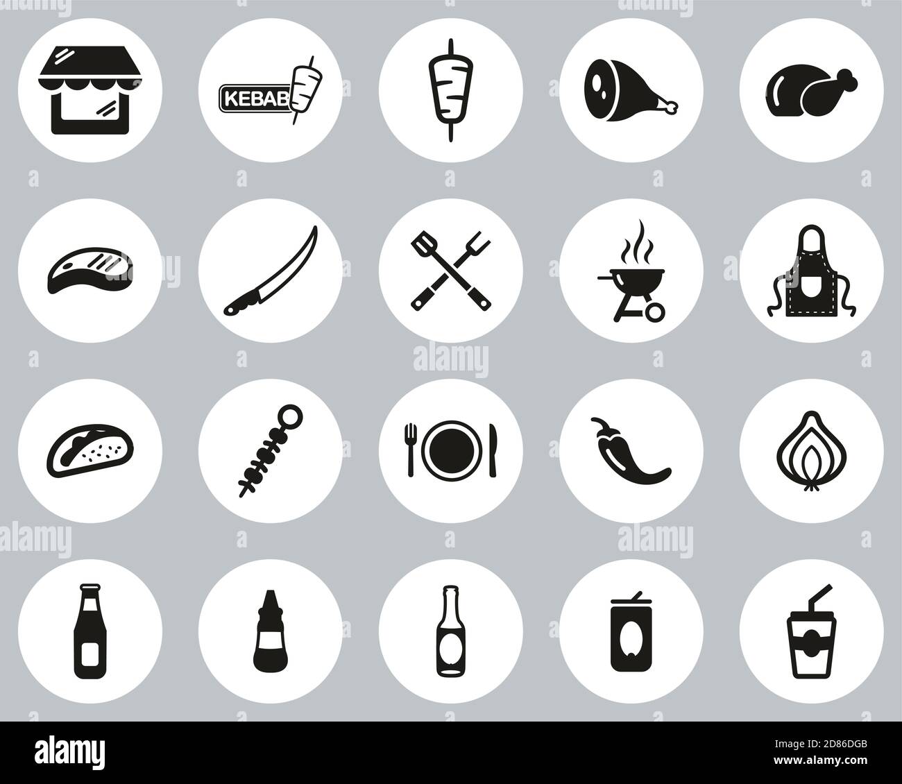 Kebab Or Kebab Shop Icons Black & White Flat Design Circle Set Big ...