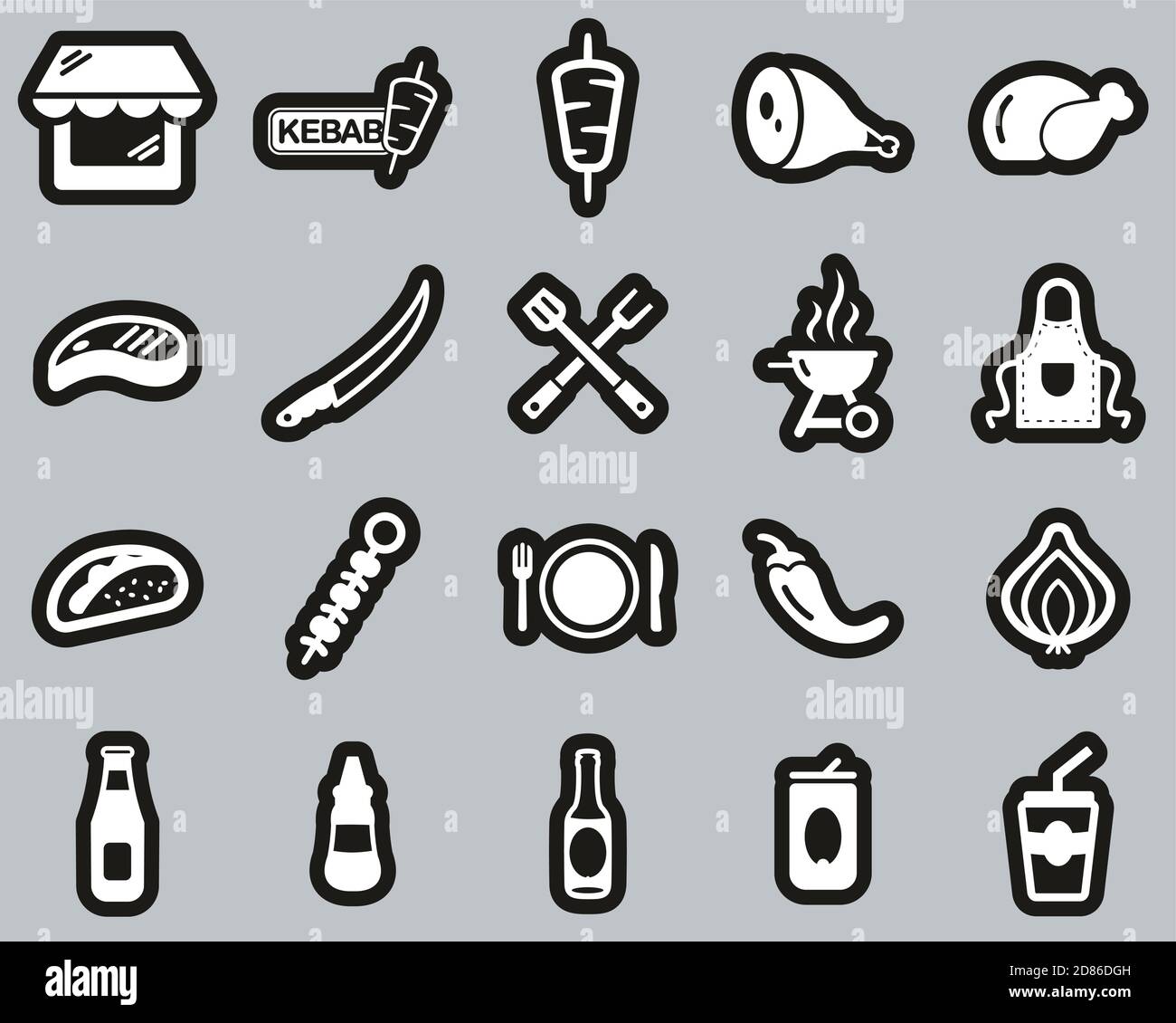 Kebab Or Kebab Shop Icons White On Black Sticker Set Big Stock Vector ...