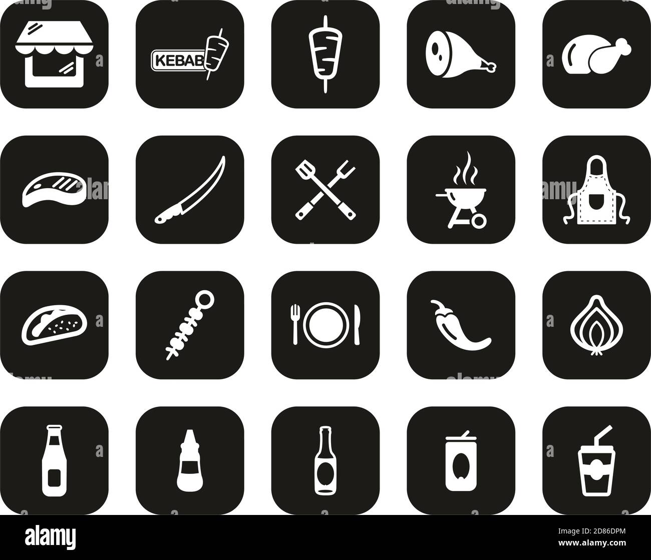Kebab Or Kebab Shop Icons White On Black Flat Design Set Big Stock ...