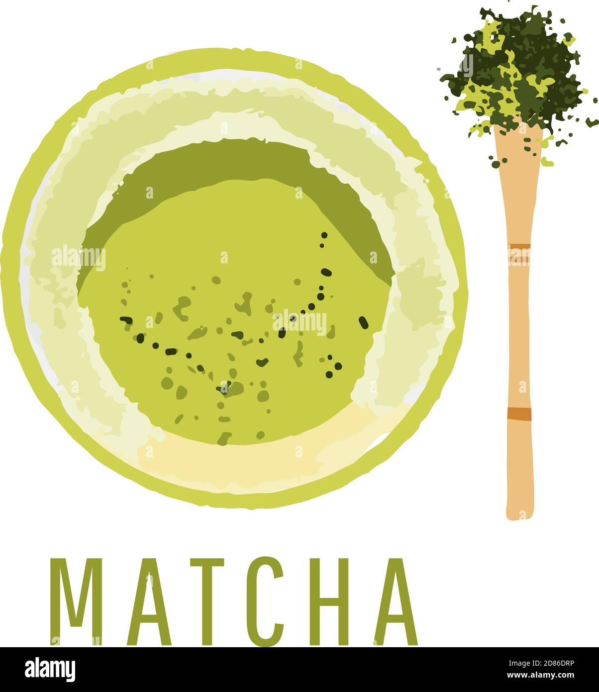Matcha powder bowl, wooden spoon isolated on white background. Vector ...