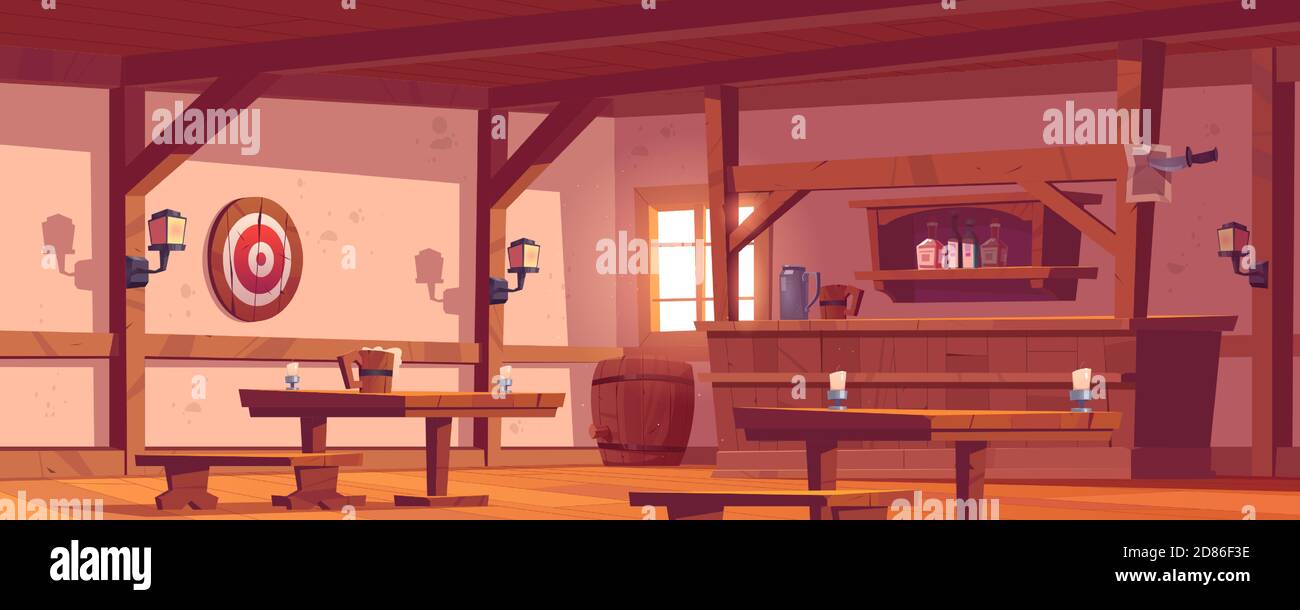 Old tavern, vintage pub with wooden bar counter, shelf with bottles ...