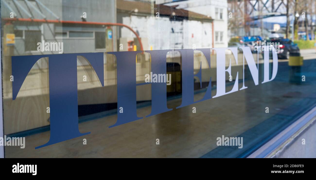 The End signage on glass, Vancouver, Lower Mainland, British Columbia ...