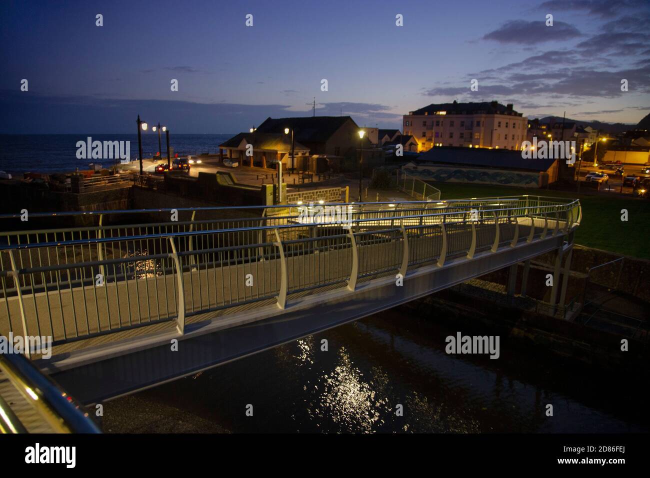 Night time at the new Alma Bridge over the River Sid, Sidmouth, Devon ...