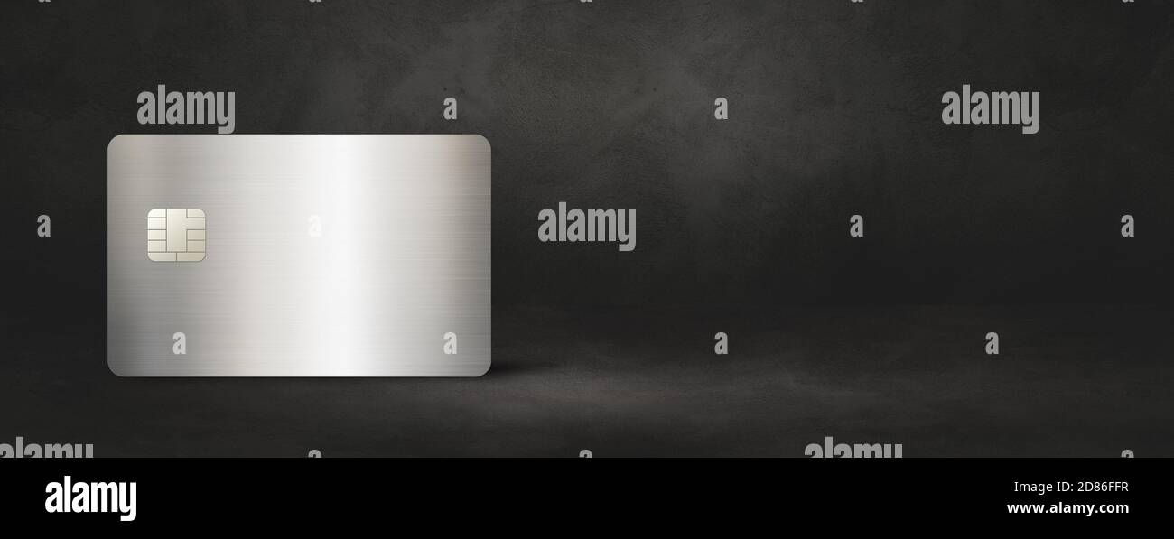 Silver credit card template on a black concrete background banner. 3D illustration Stock Photo ...
