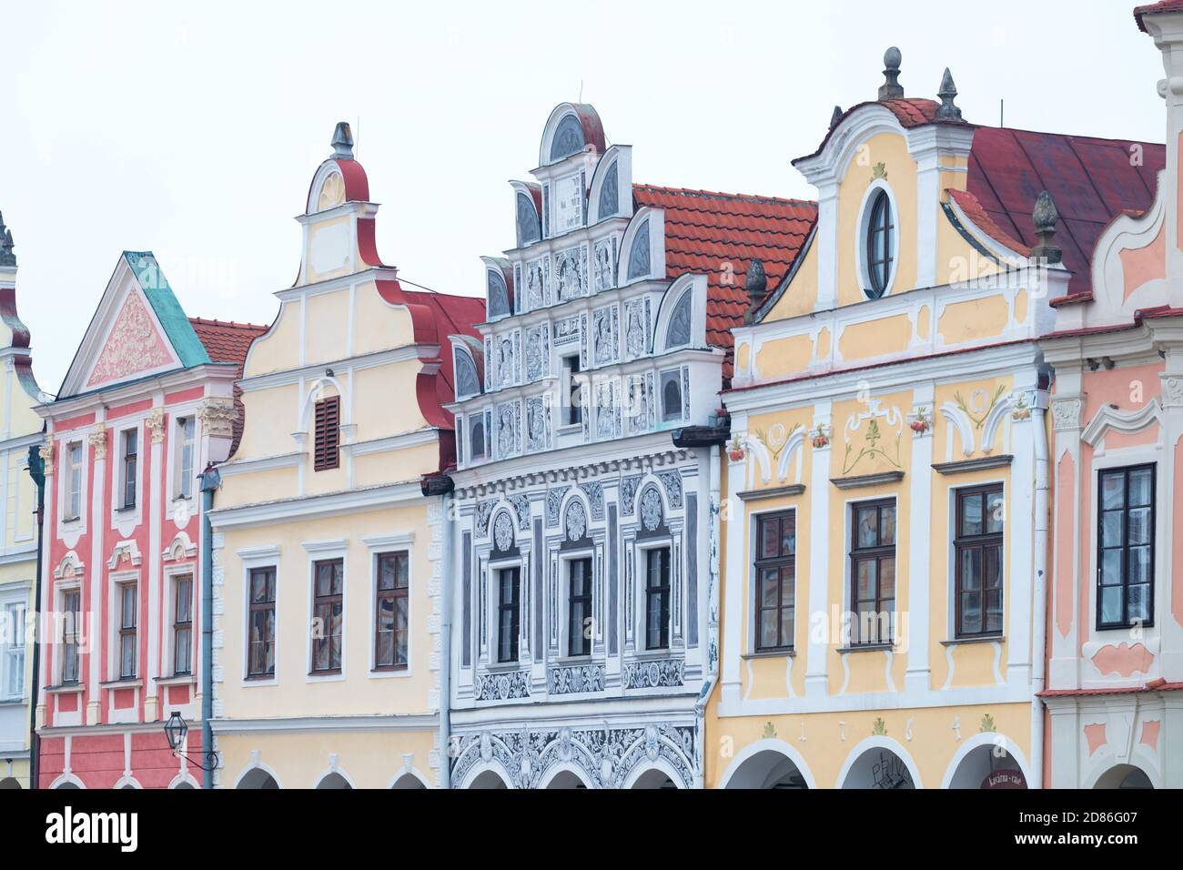 Traditional houses on the main square of Telc, South Moravia, Czech ...