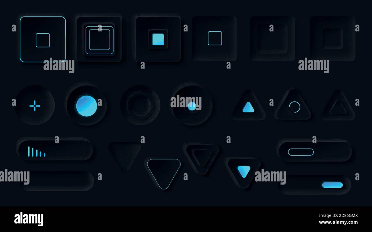 Control buttons with neon backlight. Media player interface, music or ...