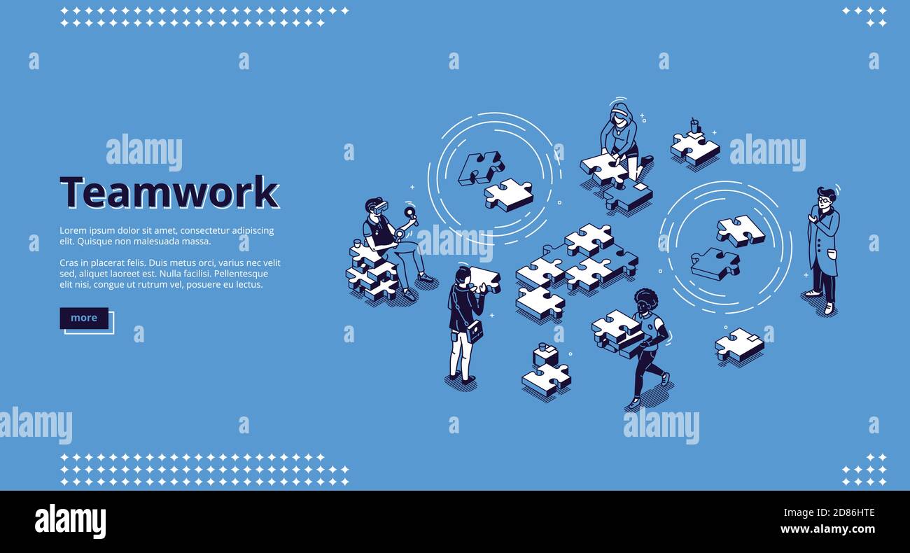 Teamwork isometric landing page. Business people team assembling ...