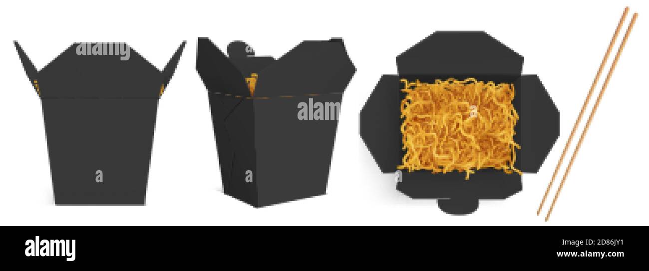 Wok box with noodles and sticks mockup, black take away food container ...